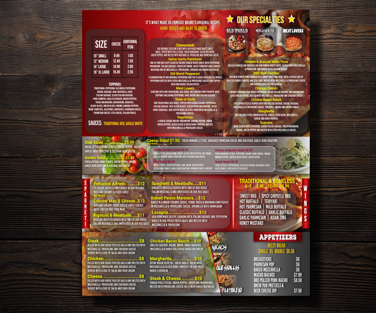 Bold, Playful, Pizza Delivery Menu Design for Bruno's Pizzeria ...