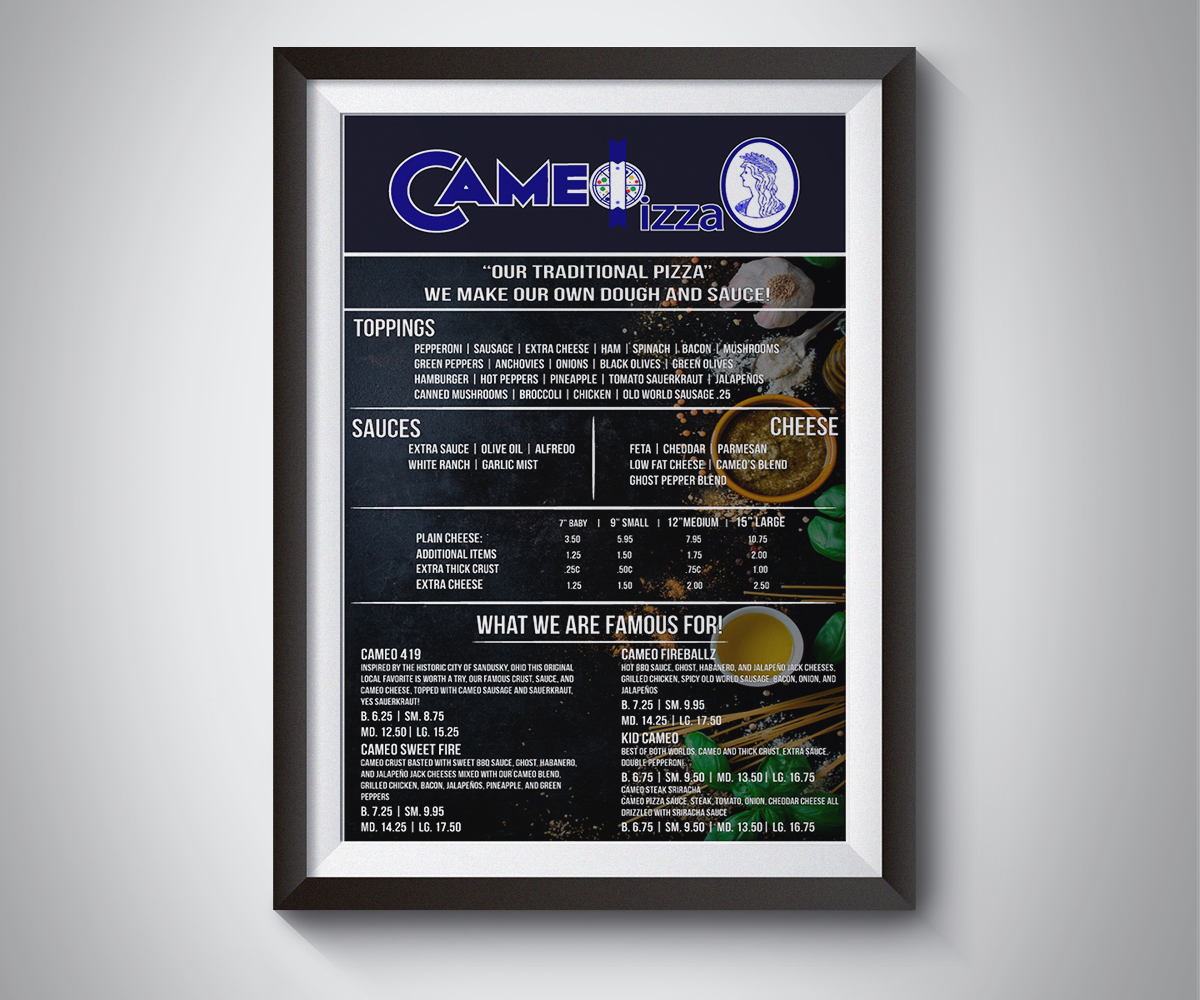 Bold, Colorful, Sports Bar Menu Design for Bruno's Pizzeria / Varsity ...