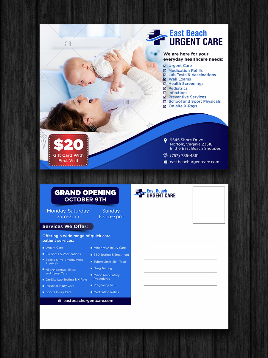 Professional, Serious, Healthcare Postcard Design for East Beach Urgent ...