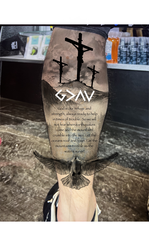 Christian cross w/ scripture cover up for back of calf... | 23 Tattoo ...