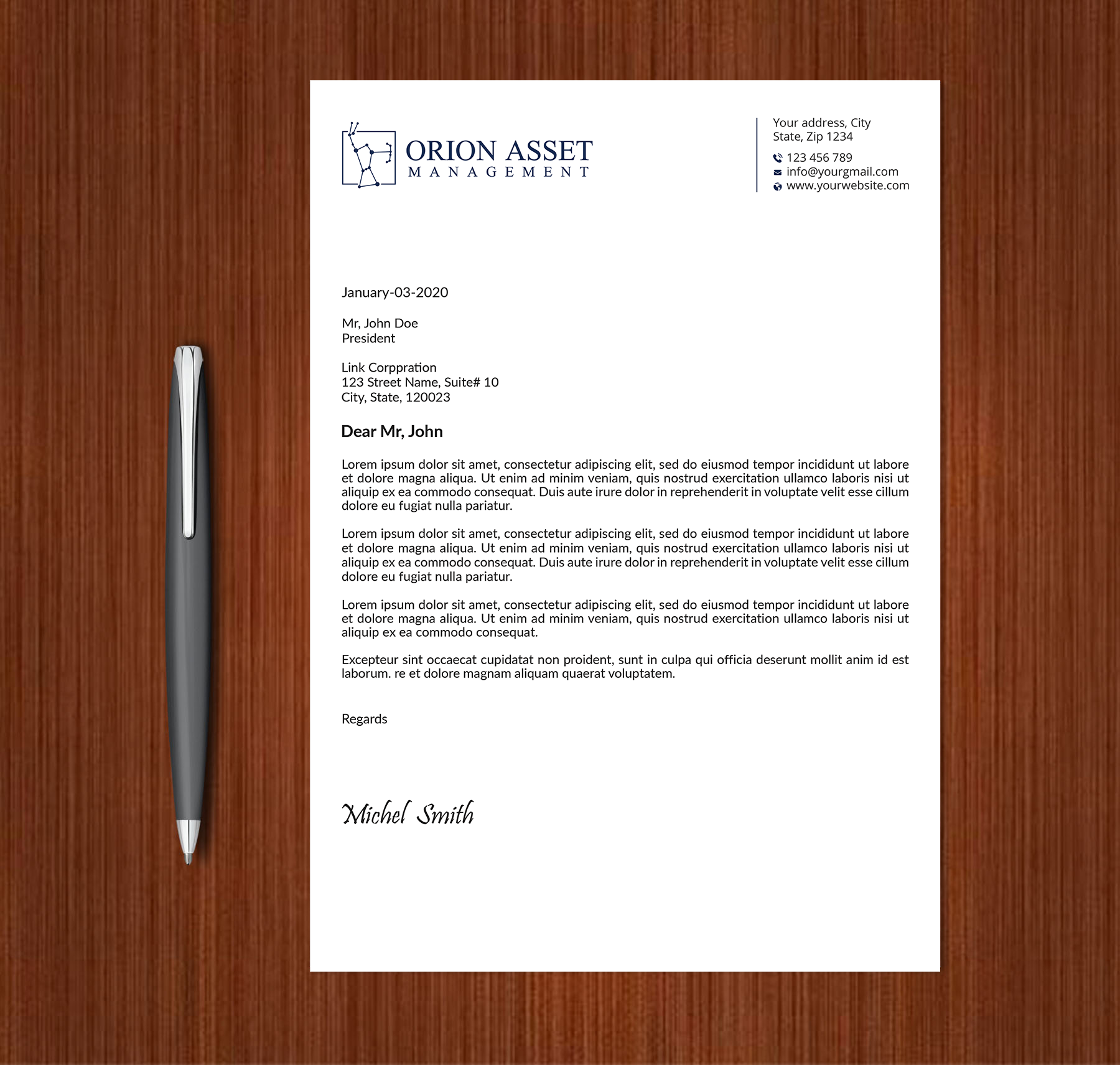 Conservative, Serious, Hedgefund Letterhead Design for Orion Asset ...